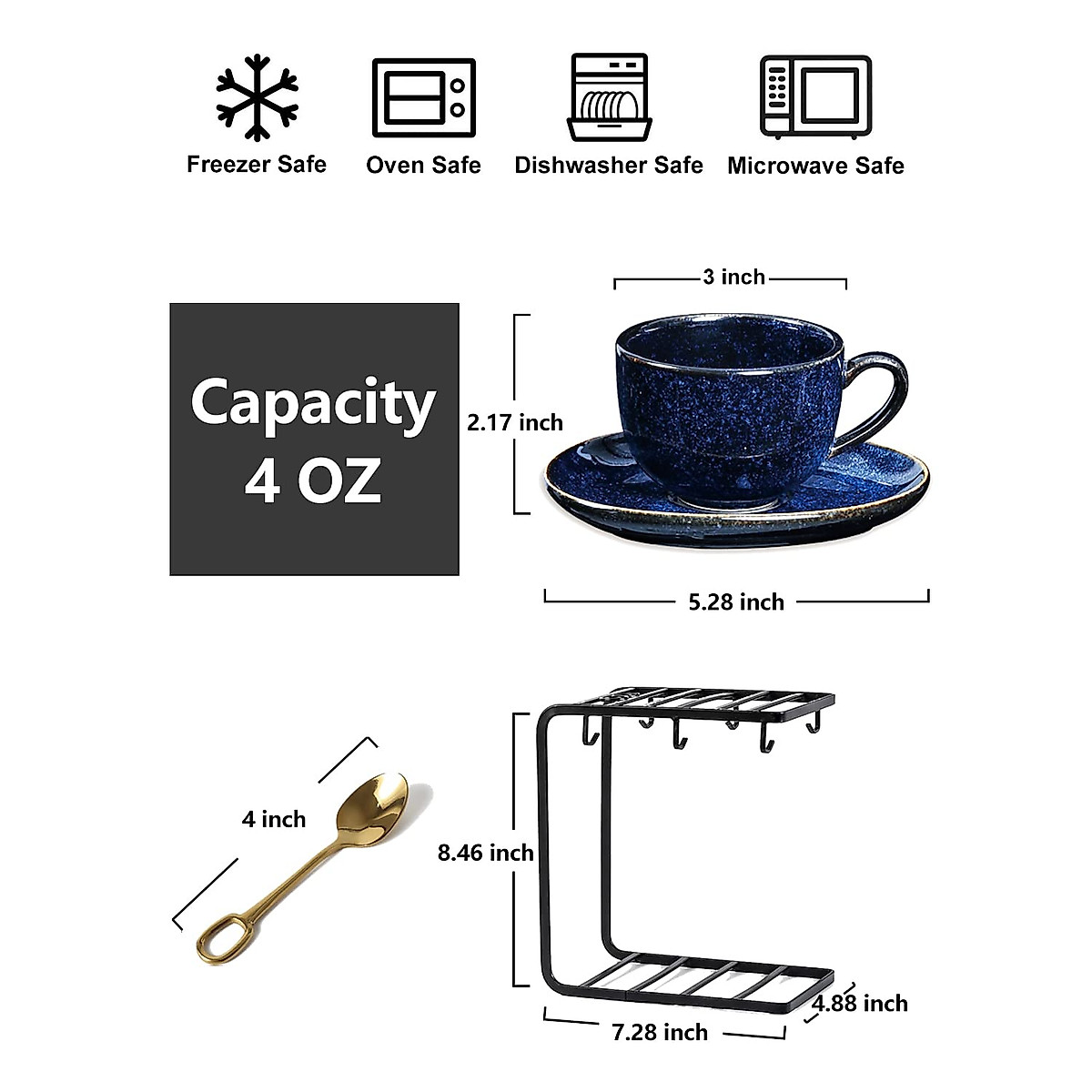 vicrays Ceramic Espresso Coffee Cups Set 4 oz Porcelain Espresso Cups with Saucers Spoons and Metal Stand for Tea Cafe Cappuccino Latte - Set of 6 - Blue