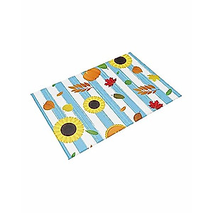 Outdoor Rug 5' x 8', Fall Pumpkin Sunflowers Large Area Rugs for Patio/RV/Deck/Porch/Indoors, Thanksgiving Harvest Blue Stripes Water Absorption Camping Rug Carpet, Lightweight Washable Rug Runners
