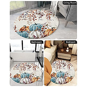 Thanksgiving Fluffy Round Area Rug Carpets 5ft, Teal Orange Pumpkin Fall Brown Eucalyptus Leaves Plush Shaggy Carpet Soft Circular Rugs, Non-Slip Fuzzy Accent Floor Mat for Living Room Bedroom Nursery