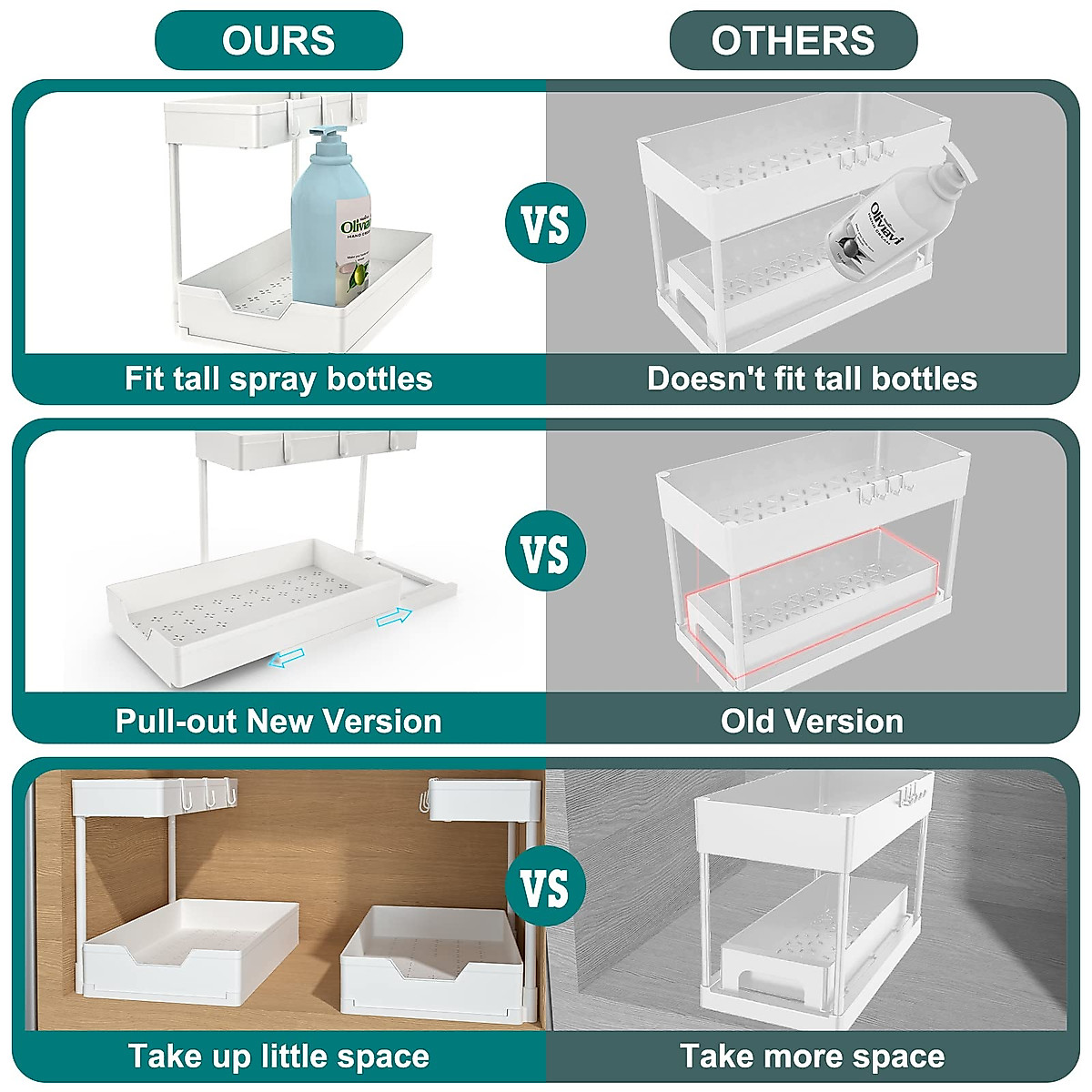 2-Tier Under Sink Organizers and Storage 2 Pack Sliding L-shape Under Cabinet Organizers For Narrow Space Multi-purpose Sink Organizer for Bathroom Kitchen Drawer(White 2 Pack)