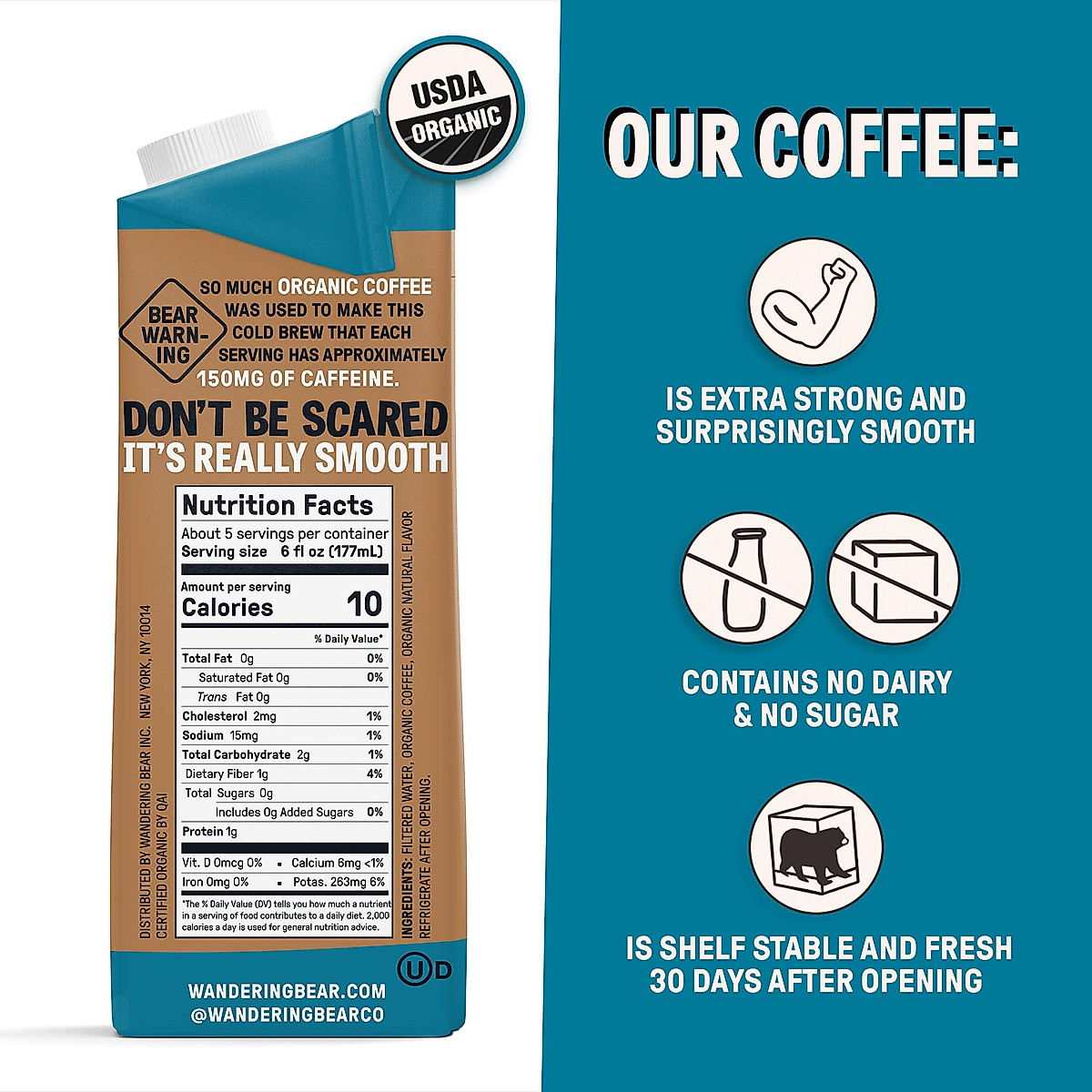 Wandering Bear Organic Vanilla Cold Brew Coffee, Iced Coffee 32 fl oz, 1 pack - Extra Strong, Smooth, Organic, Unsweetened, Shelf-Stable, Ready to Drink, Cold Brewed Coffee, Cold Coffee