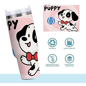 Nexawaveo Stainless Steel Tumbler with Handle and Straw Running Puppy Fits in Standard Cup Holder Iced Coffee Cups for Smoothie Cocktail Beer Soda Fruit Juice