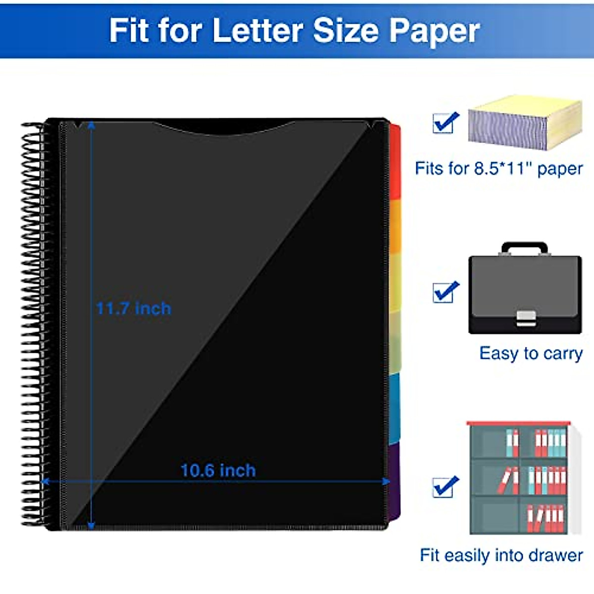 12 Pocket Project Organizer, Forvencer 1/6-cut Tab Binder Organizer with Sticky Labels, Multi Pocket Folder with Zipper Pouch, Folder Binder Spiral Pocket Organizer Folder Notebook, Letter Size, Black