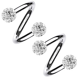 2pc Twisted Barbell Earring Surgical Steel - Twist Helix Earrings 16 Gauge - Spiral Belly Button Rings - 3mm Crystal Lip Ring Body Jewelry 5/16 8mm - CZ
