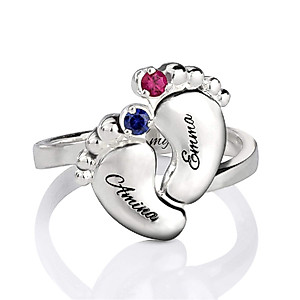 Getname Necklace Womens Pesonalized Name Rings Custom Engraved Baby Feet with 2 Birthstone 2 Name Ring for Mom Silver 9.5