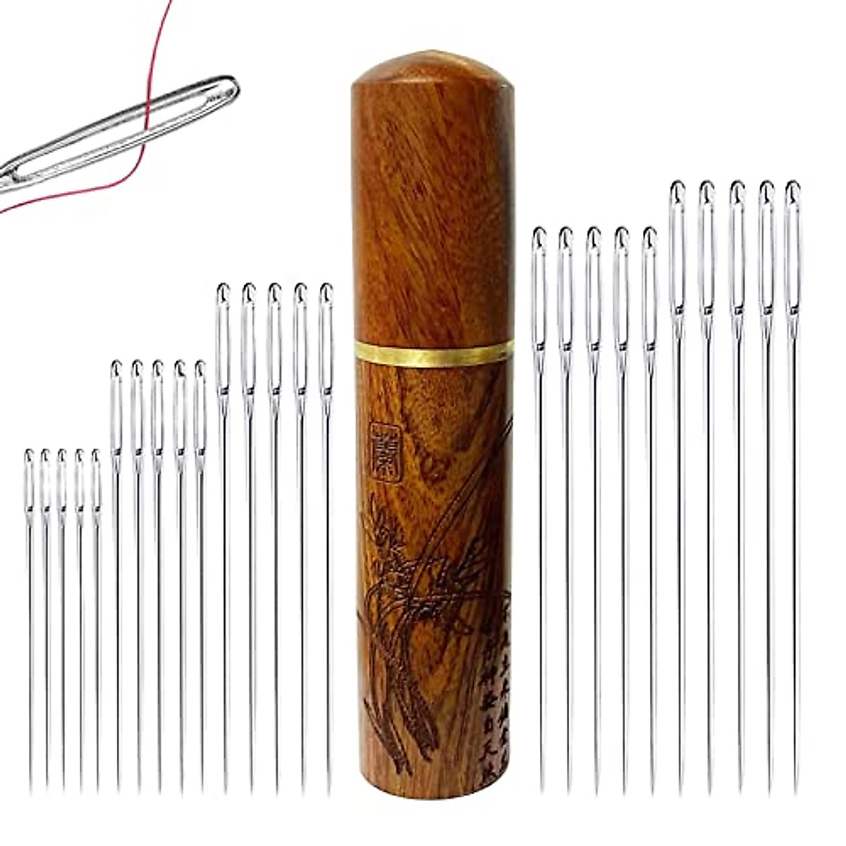 Sewing Needles Large Eye Hand Sewing - 25 Pieces Embroidery Needles for Hand Sewing,Hand Sewing Needles,Large Eye Sewing Needles with Wooden Needle Case Carving Pattern - YAWALL