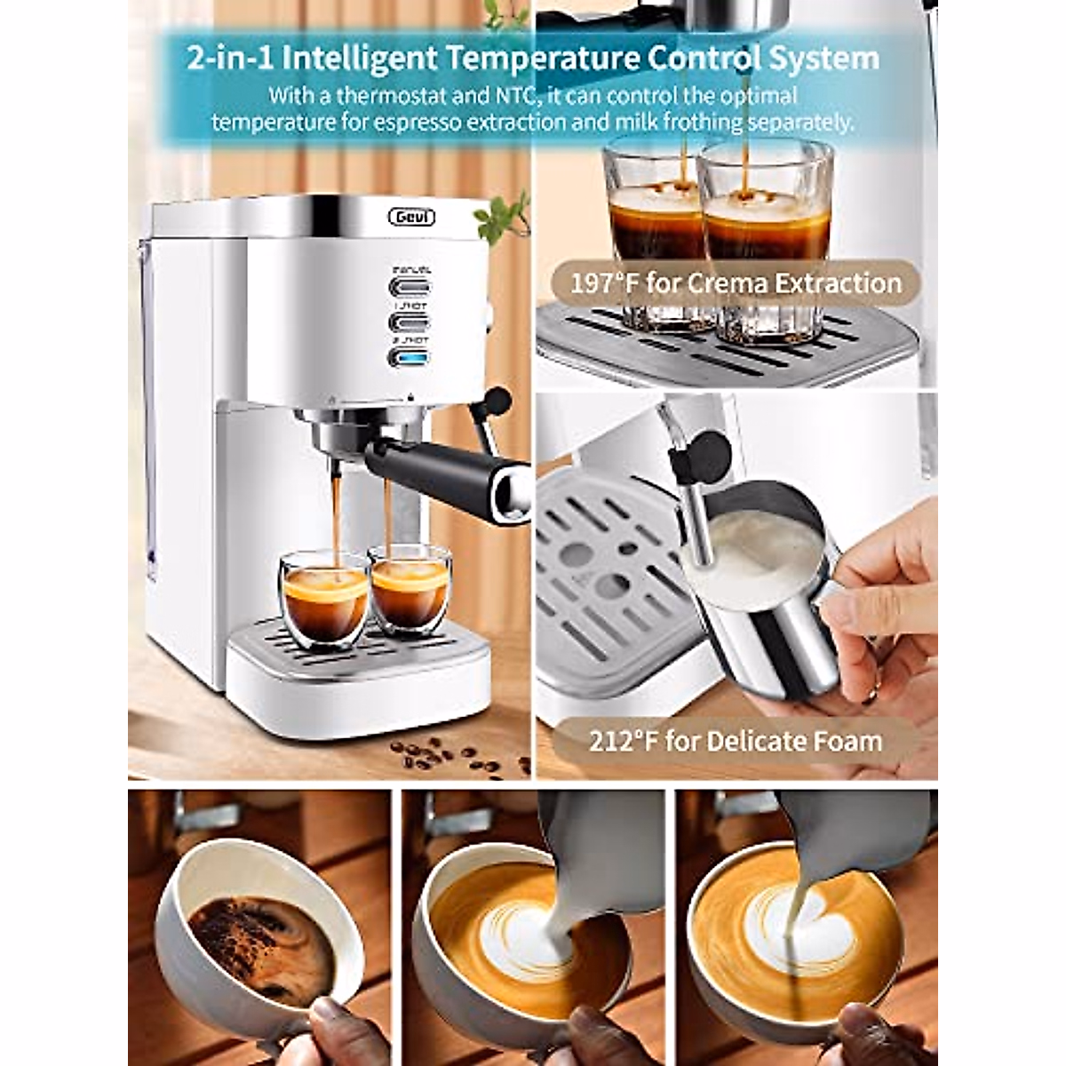 Gevi Espresso Machines 20 Bar Fast Heating Commercial Automatic Cappuccino Coffee Maker with Foaming Milk Frother Wand for Espresso, Latte Macchiato, 1.2L Removable Water Tank