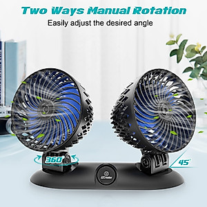JZCreater Car Fan - Dual Head USB Desk & Portable Vehicle Cooling Fan with Variable Speed & 360°Rotation for Car Dashboard, SUV, RV, Truck, Sedan, Cruise & Office Use, Quiet & Small Fan, Black Blue