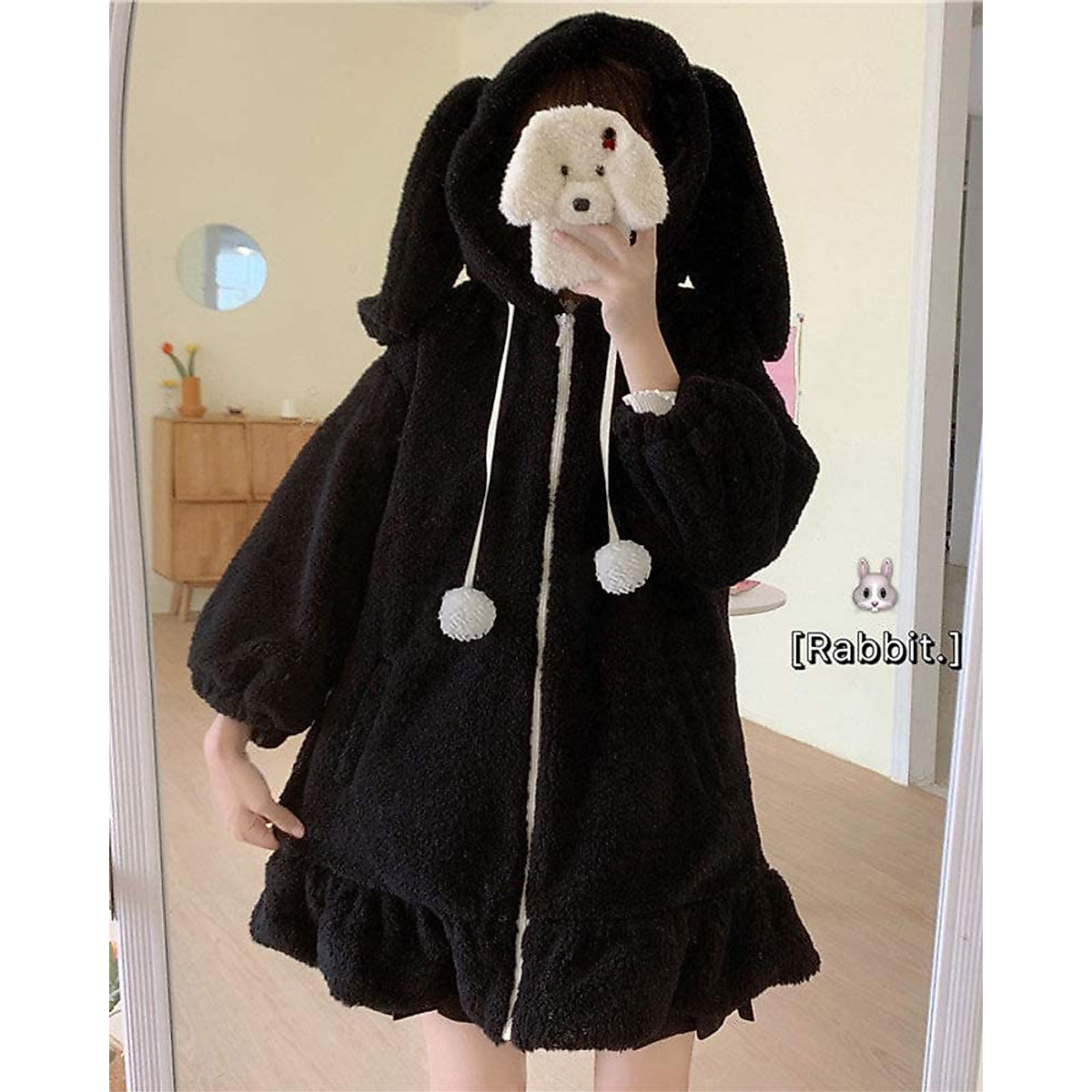 BZB Kawaii Anime Bunny Ear Hoodies For Women Sweet Lovely Fuzzy Fluffy Rabbit Sweater Tops Cosplay Jacket Coats Black