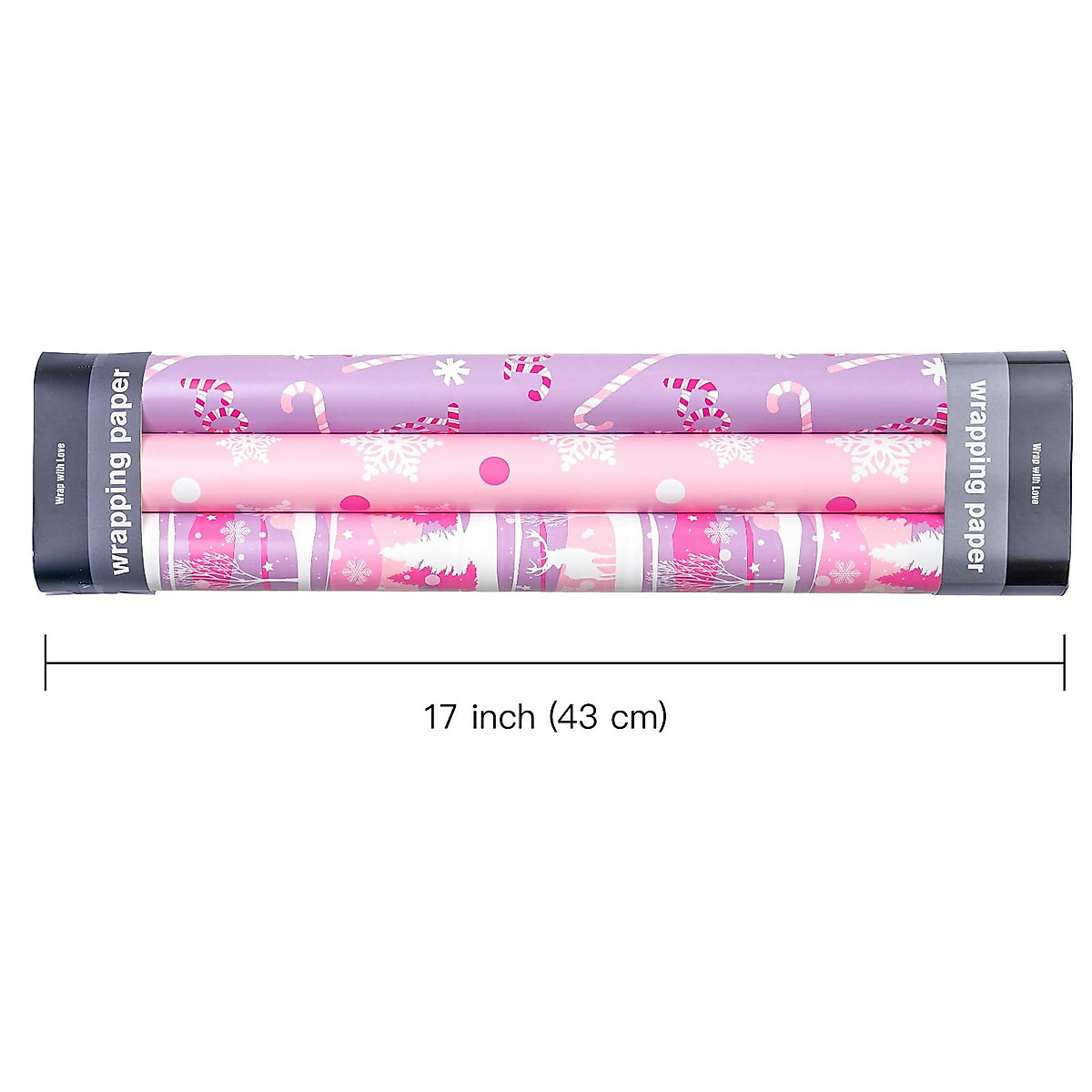 WRAPAHOLIC Christmas Wrapping Paper Roll - Mini Roll - 3 Rolls - 17 Inch X 120 Inch Per Roll - Pastel Pink and Purple Reindeer, Candy Cane with JOY, Snowflake Holiday Collection