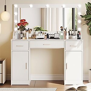 MIRROTOWEL 47.5” Vanity Desk with Large Mirror, 3 Colour Lighting Modes, Adjustable Brightness, Dresser with 3 Drawers & 2 Vertical Cabinets, Makeup Vanity Table for Women Girls White