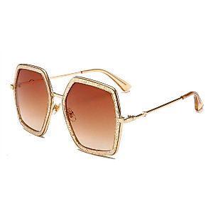 iKANOO Oversized Square Sunglasses for Women Hexagon Inspired Designer Style Shades (Champagne)