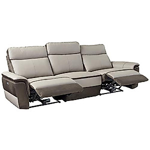 Homelegance Laertes Two-Tone Power Reclining Sofa Top Grain Leather Fabric Match, Light Grey