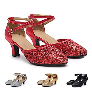 SWDZM Glitter Women's Latin Dance Shoes Closed Toe Sequins Ballroom Salsa Tango Party Practice Performance Dance Shoes,DY225-Red-5-J,US 9.5