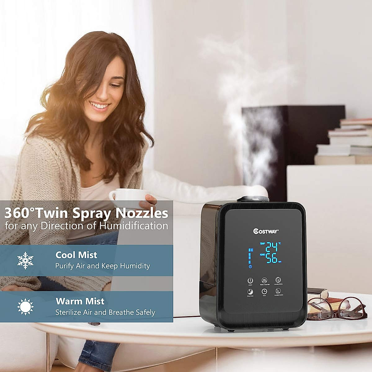 COSTWAY Ultrasonic Air Humidifier, 4.5L/1.2 Gallon, Warm and Cool Mist Humidifier, Whisper-quiet Operation, w/LED Touch Display and Remote Control, for Bedroom, Living room, and Baby room (Black)