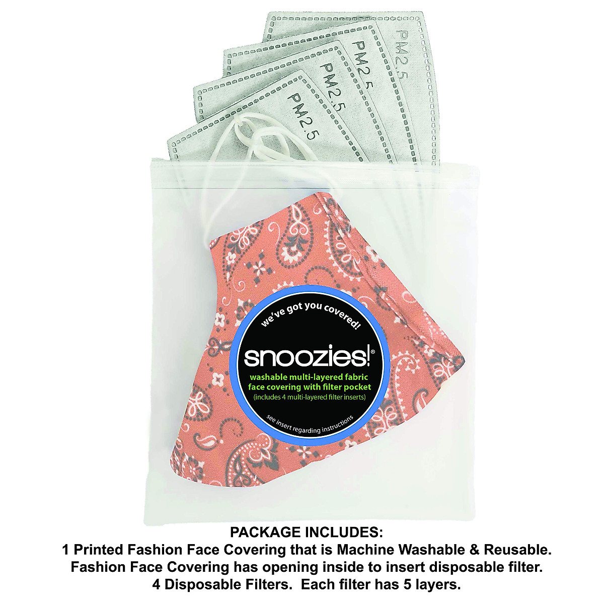 Snoozies 3-Layer Washable Face Mask w Filters & Nose Bridge - Orange/Red Bandana