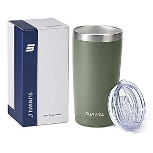 SUNWILL Travel Coffee Tumbler 20 oz, Insulated Mug with Lid, Stainless Steel Iced Cup for Outdoor, Powder Coated Camp Green