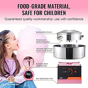 VEVOR Electric Cotton Candy Machine, 19.7-inch Commercial Cotton Candy Floss Maker with Stainless Steel Bowl and Sugar Scoop, Perfect for Family Party, Pink