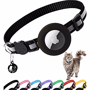 Airtag Cat Collar Breakaway, Reflective Kitten Collar with Apple Air Tag Holder and Bell for Girl Boy Cats, 0.4 Inches in Width and Lightweight(Black)