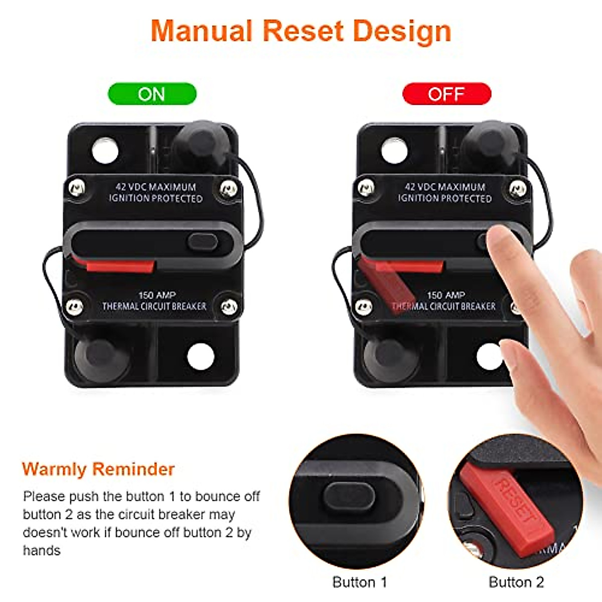 Motoparty 150 Amp Circuit Breaker Switches with Manual Reset Fuse Inverter for Car Marine Trolling Motors Boat ATV DC 12V -42V Waterproof Current Overload Protection(150 A)