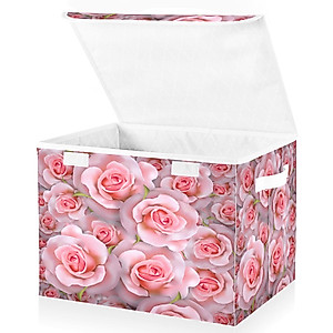 DIGTIA Pink Roses Storage Bins with Lids Large Valentines Day Flower Storage Basket with Handles Foldable Fabric Storage Box Organizer for Clothes Toys Closet Cabinet Home Office Bedroom