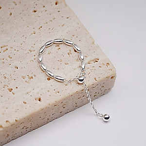 Izpack Minimalist Bead Stacking Rings Sterling Silver 925 Dangling Ball Threader Tassel Chain Statement Promise Ring Knuckle Finger Band Adjustable Simple Jewelry Gifts for Women Best Friend