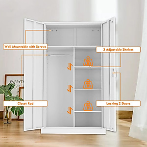 MIIIKO Steel Wardrobe Cabinet with 2 Doors, White Metal Locker Cabinet for Storage with Hanging Rod and 4 Shelves, Lockable Metal Closet Cabinet for Bedroom, Cloakroom and Home Office