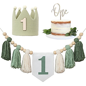 Wild One 1st Green Highchair Wood Bead Tassel Garland Crown Hat Wooden Cake Topper Birthday Party Decorations