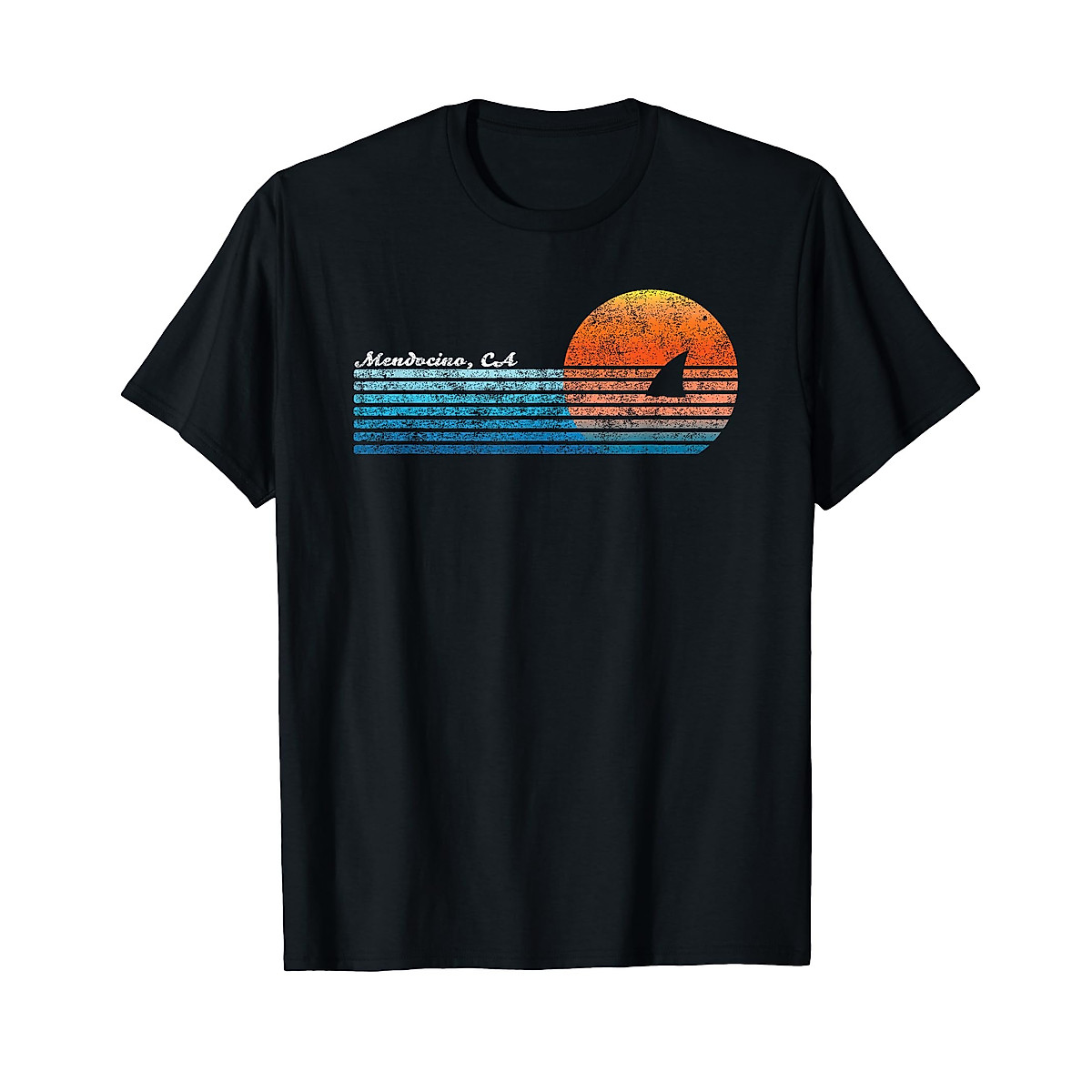 Vintage Mendocino, CA Retro 80s Shark Fin Sunset T-Shirt
