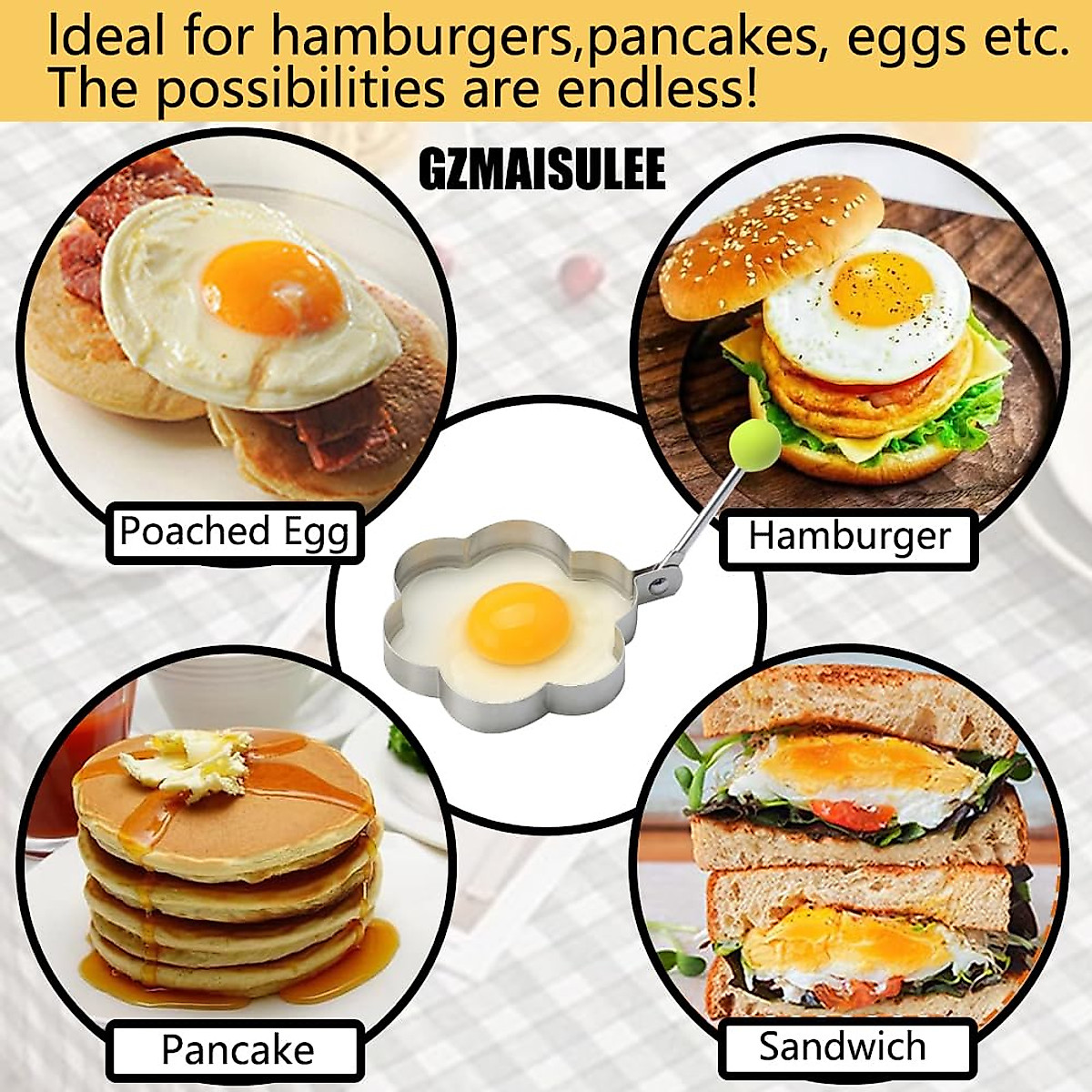 GZMAISULEE Egg Ring Molds for Cooking 5 Pack Griddle Egg Rings Stainless Steel Egg Cooking Rings Heart, Flower, Star, Micha, Round Pancake Mold Set, Yellow
