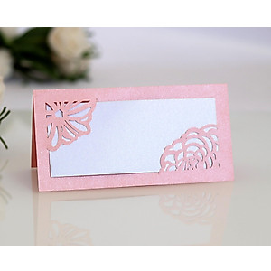 Laser Cut Rose Place Cards Pink Tented Name Card Folded Cards Blank Cardstock,Hollow Name Seat Card for Wedding, Banquet tables,Table Setting, Buffet, Baby Shower, Bridal Shower (50 Pcs)