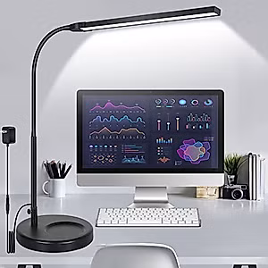 NAKOOS LED Desk Lamp with Clamp & Round Base, Eye Caring Table Lamp with Flexible Gooseneck, Touch Control 3 Color Modes, 10 Brightness Levels, Desk Light for Home Office 12W