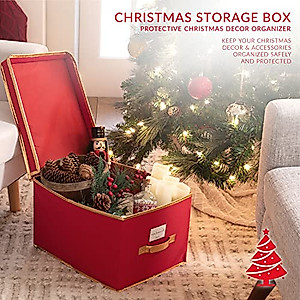 Simplify Holiday Jumbo Storage Box | Christmas Décor Organizer | Good for Seasonal Items | Closet Storage | Collapsible | Lidded | Red