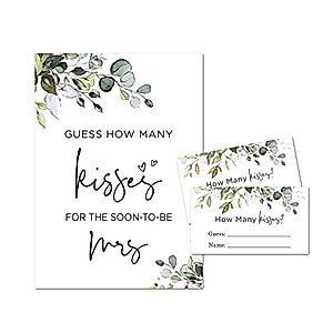 InvitationHouse Boho Greenery How Many Kisses for the Mrs, Bridal Shower Game (48 Cards + 1 Sign)