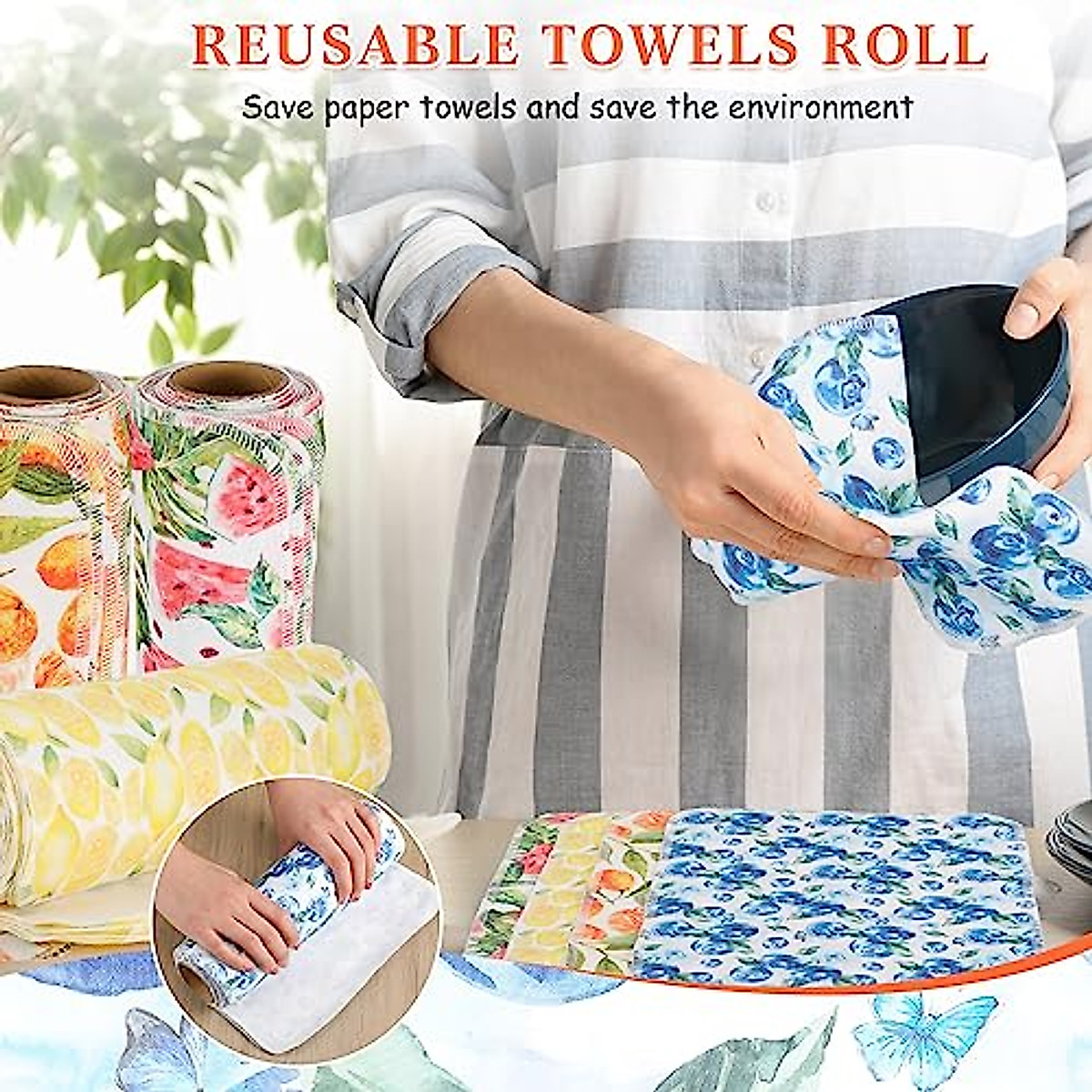 Maxdot 4 Rolls 48 pcs Reusable Paper Towels Roll Washable Cotton Flannel kitchen Towels Absorbent Paperless Cloth Towels with Cardboard Replacement Alternative Towel for Kitchen Cleaning Housekeeping