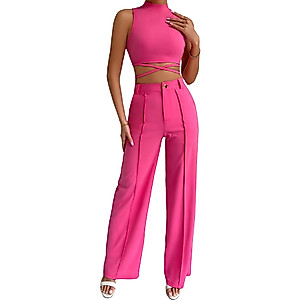 MakeMeChic Women's 2 Piece Outfits Mock Neck Criss Cross Crop Tank Top and Wide Leg Pants Set Hot Pink L