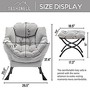 SESHINELL Lazy Chair with Ottoman, Modern Accent Chair Contemporary Lounge Leisure Sofa Chair with Armrests, Reading Chair and Folding Footstool Set for Living Room, Bedroom, Office, Light Grey