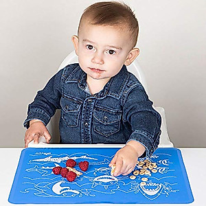 Brinware Reusable Slip Resistant Toddler Silicone Placemat for Kids - Dinosaur & Shark Green/Blue (2 Pack)