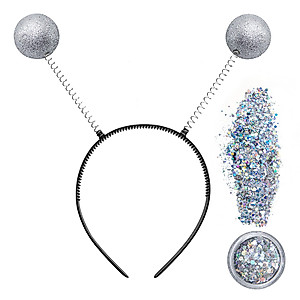 Alien Headband with Martian Antenna Ball and Face Glitter - Halloween Cosplay Boppers for Women Girls (Silver)