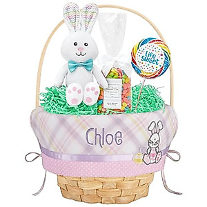 Let's Make Memories Personalized Easter Basket - Create Your Own - Wicker Basket - Embroidered Liner - Medium - Pink Bunny Applique