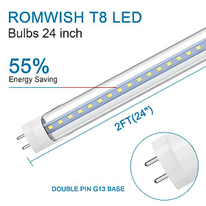 Romwish 2FT LED Tube Light, T8 T10 T12 Type B LED Light Bulb, 10W(24W Equiv.), 5000K Daylight, 1120LM, 24 Inch F20T12 Fluorescent Replacement, Remove Ballast, Double-Ended Power, Clear Cover, 4 Pack