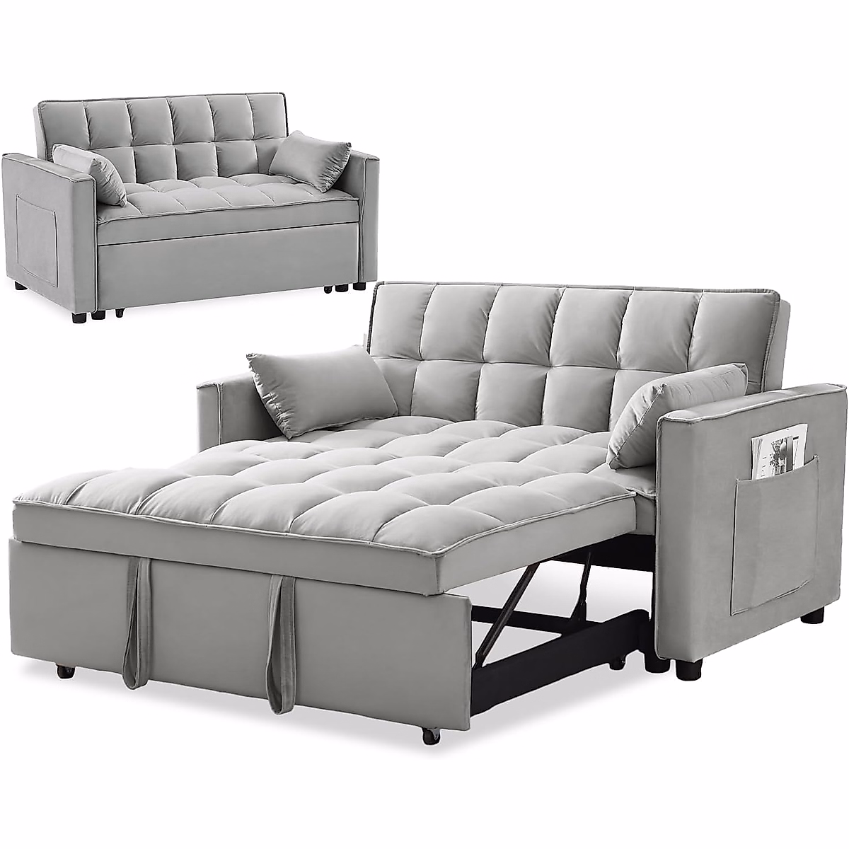 WEAGP 3 in 1 Sleeper Sofa Couch Bed, Velvet Convertible Loveseat Sleeper Sofa with 3 Level Adjustable Backrest, Storage Pockets, Toss Pillows, Pull Out Loveseat Sleeper for Living Room, Grey