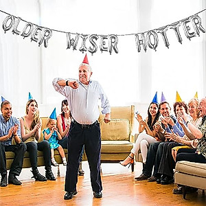 Older Wiser Hotter Balloon, Silver Birthday Decorations, Happy Birthday Banner for 30th 40th 50th 60th 70th 80th Birthday Party Supplies