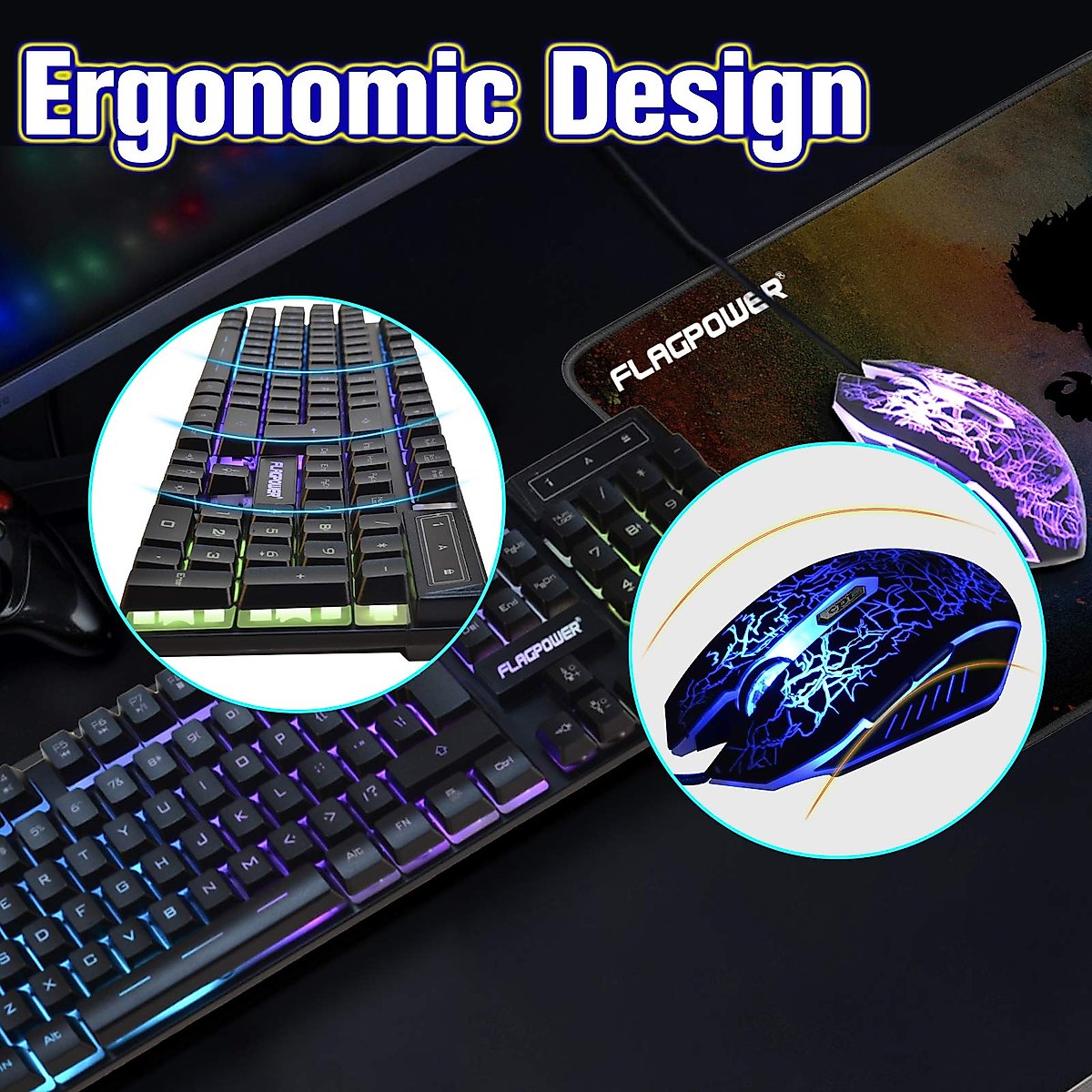 FLAGPOWER Gaming Keyboard and Mouse, Gaming Mouse Pad Combo, 3 Colors Changeable Backlit Mechanical Feeling Keyboard with 4 Colors Breathing LED Backlight Mouse for PC Laptop Computer Game and Work
