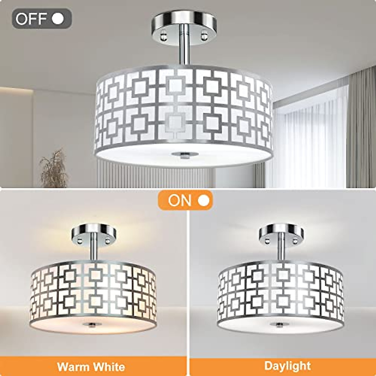 DLLT Semi Flush Mount Ceiling Light, 3-Light Modern Entry Light Fixture Ceiling Hanging with Drum Shade for Bedroom, Dining Room, Kitchen, Hallway, Entry, Living Room, Brushed Chrome Finish