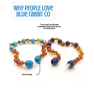 Blue Rabbit Co Two Amber Bracelets (~5.20-5.25 inches) | GIA Certified 100% Pure Baltic Amber - Unisex (Cognac/Turquoise Amber Jewelry)