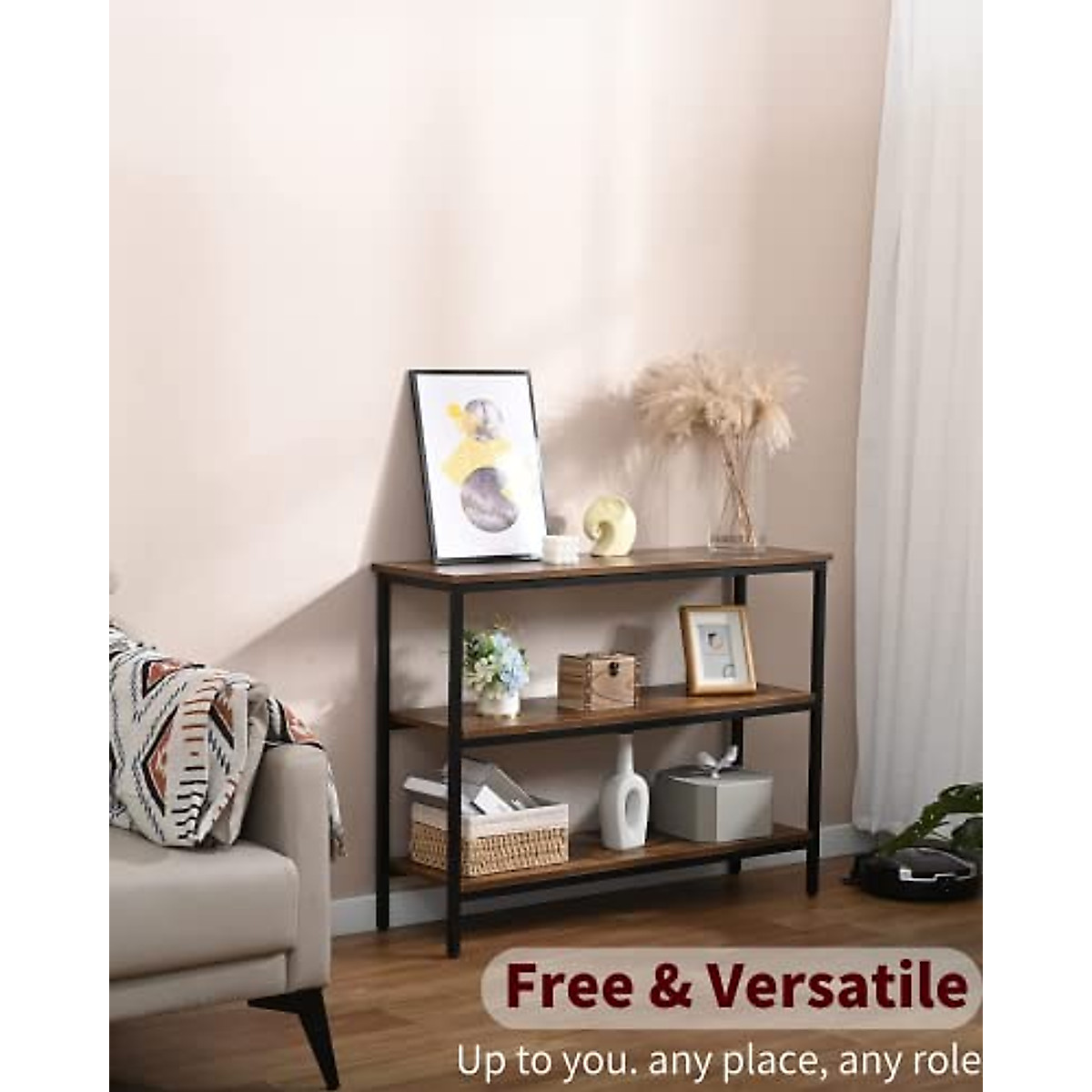 WEENFON Narrow Console Table, 39.4”Long Sofa Table, 3 Tier Entryway Table, Living Room Tables,Rustic Entrance Table for Hallway, Corridor,Kitchen, stairwell,Steel Frame, Rustic Brown
