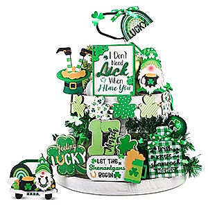 15 Pcs St. Patrick's Day Tiered Tray Decor Set Shamrock Gnome Truck Wood Sign Rustic Irish Theme Table Centerpiece Tabletop for Home Table House Decor, Tray Not Included (Shamrock)