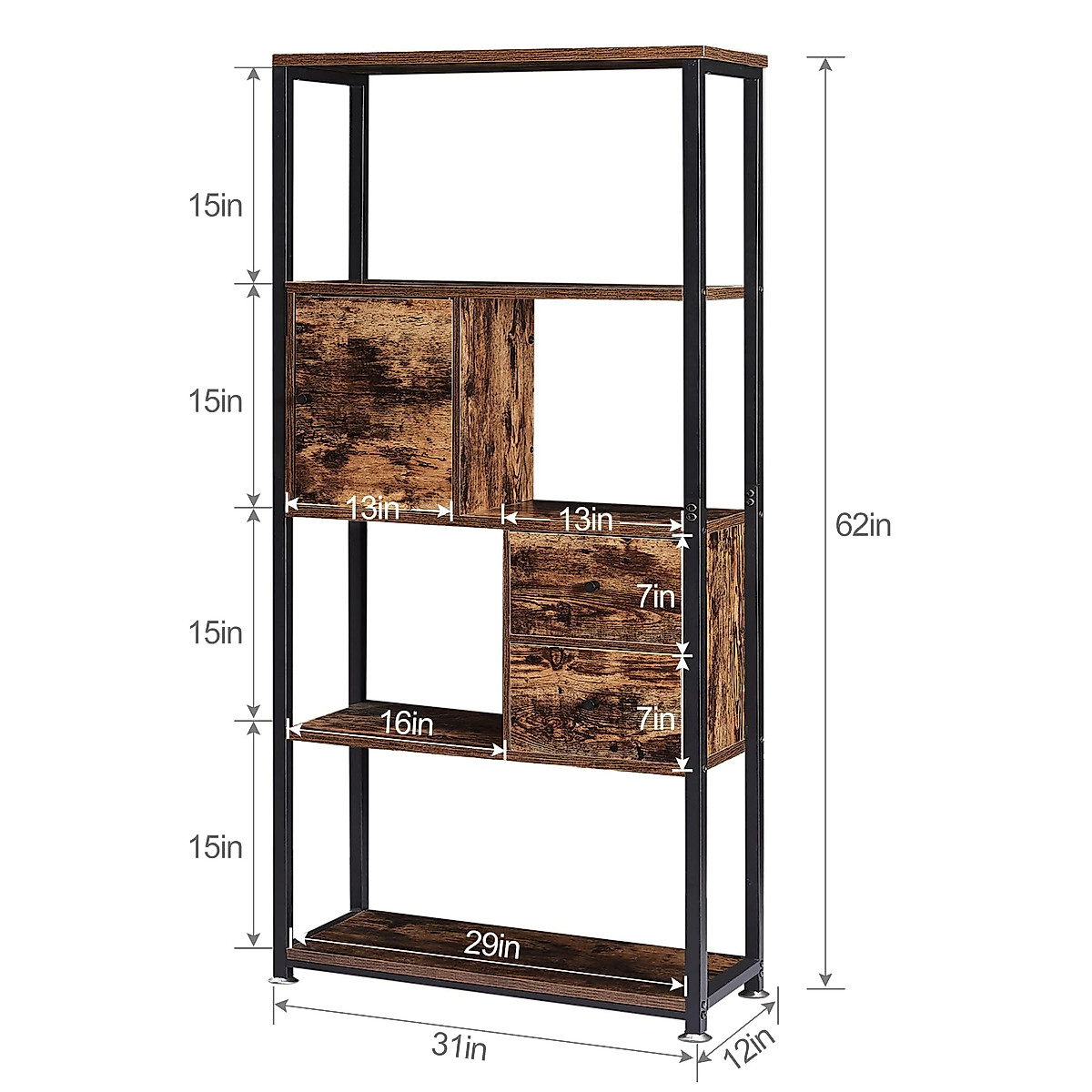 VECELO Bookcase with Doors/Drawers, Industrial 4-Tier Bookshelf Display Shelf Storage Cabinet for Books, Photos, Decorations, in Living Room,Bedroom, Home Office, Rustic Brown