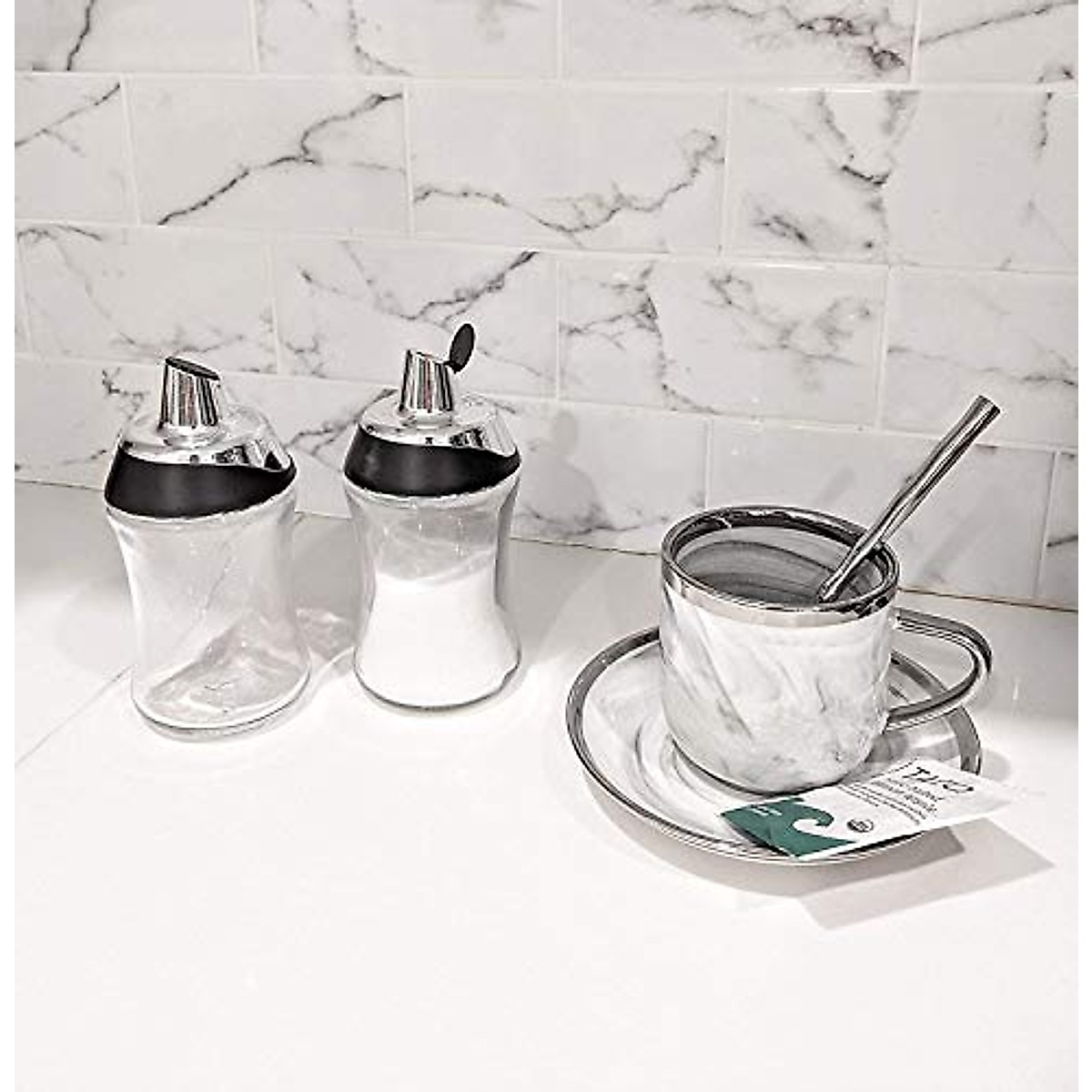 J&M Design 2-Pack Sugar Dispenser & Shaker For Coffee , Cereal , Tea & Baking with Pour Spout and Lid for Easy Spoon Measuring Pouring - 7.5oz Glass Jar Container - Coffee Bar Accessories & Essentials